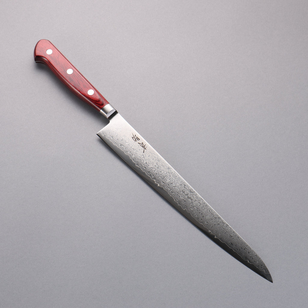 Seisuke VG10 33 Layer Mirrored Finish Damascus Sujihiki 240mm Red Pakk