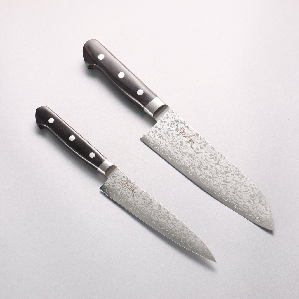Seisuke VG10 Damascus Santoku 170mm & Petty 140mm Black Pakkawood Hand