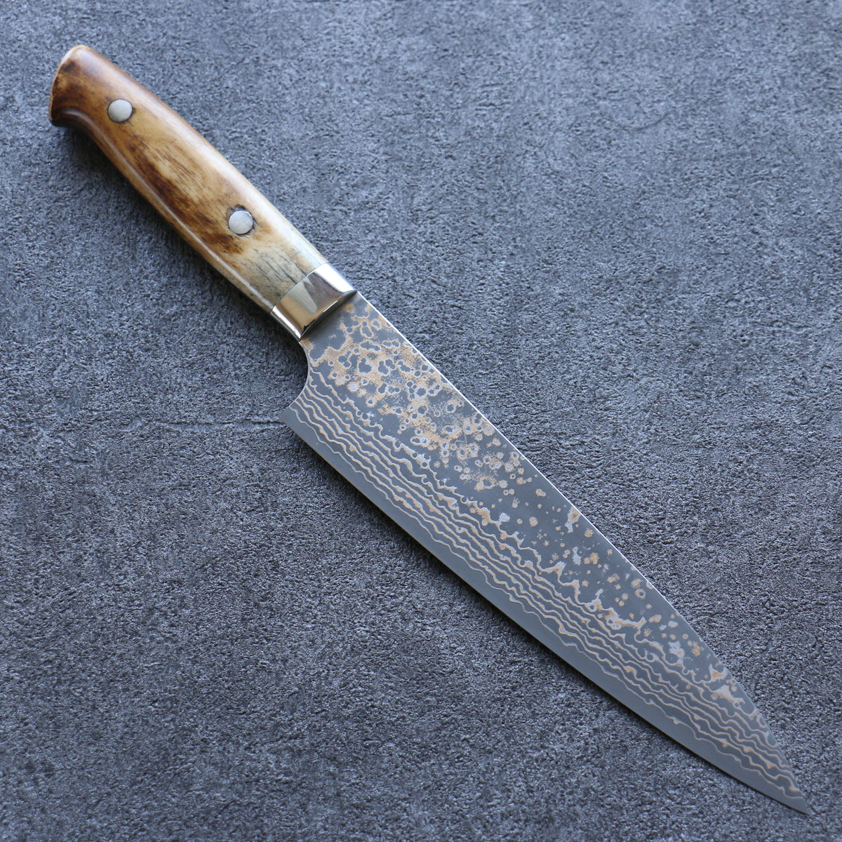 Takeshi Saji VG10 Colored Damascus Gyuto 180mm Brown Cow Bone Handle ...