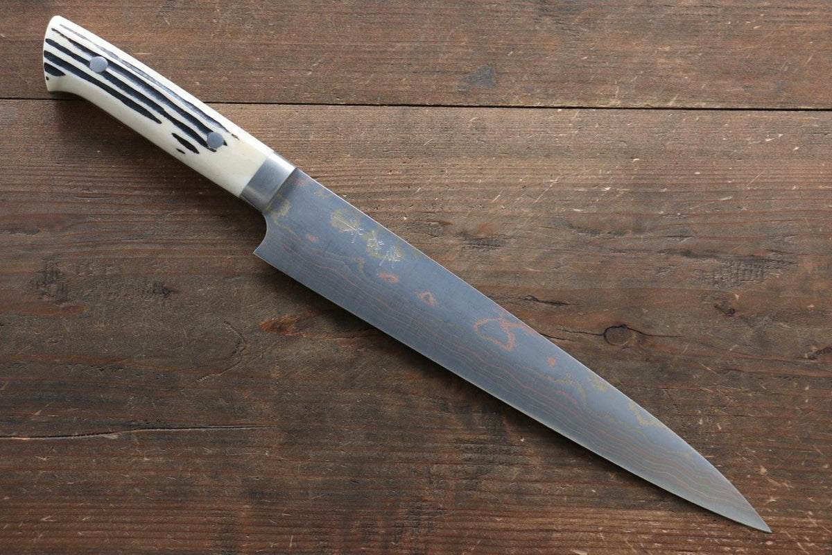 Takeshi Saji Blue Steel No.2 Colored Damascus Sujihiki 240mm White Cow ...
